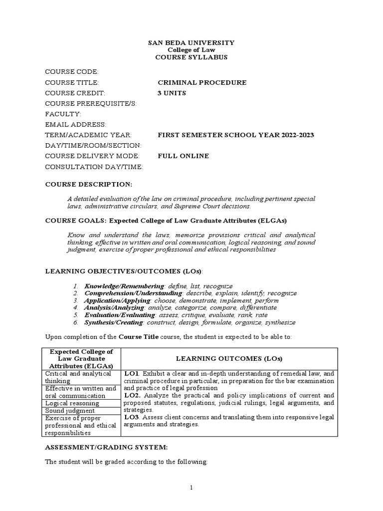 Criminal Procedure Departmental Syllabus 2022-2023 | PDF | Plea ...