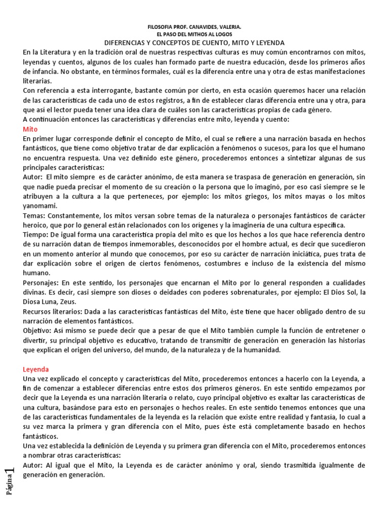 Diferencias entre mito, leyenda y cuento | PDF | Leyendas | Fantasía