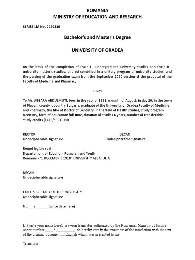 Model Traducere Diploma Licenta in Engleza | PDF