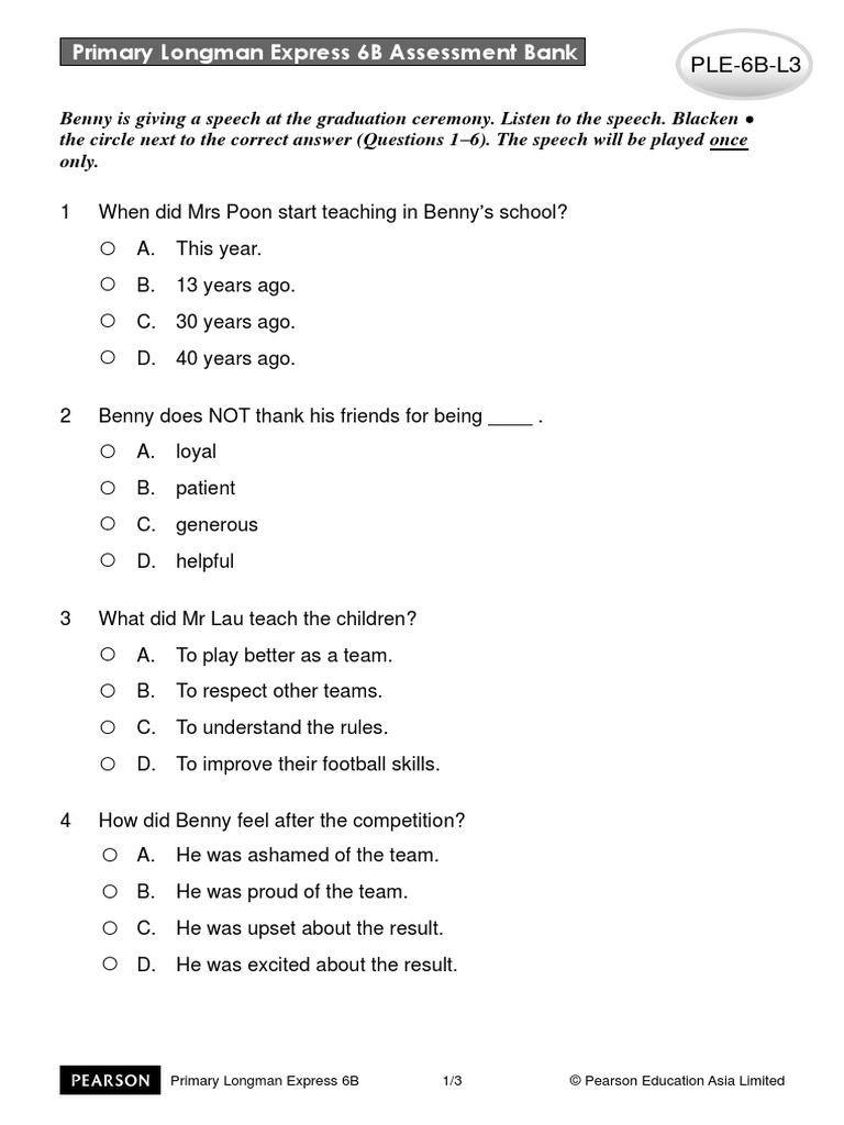 Primary Longman Express 6B Assessment Bank | PDF