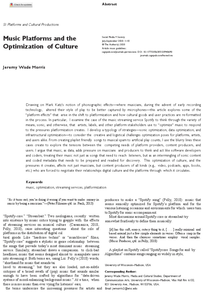 Music Platforms and The Optimization of Culture | PDF | Spotify | Metadata