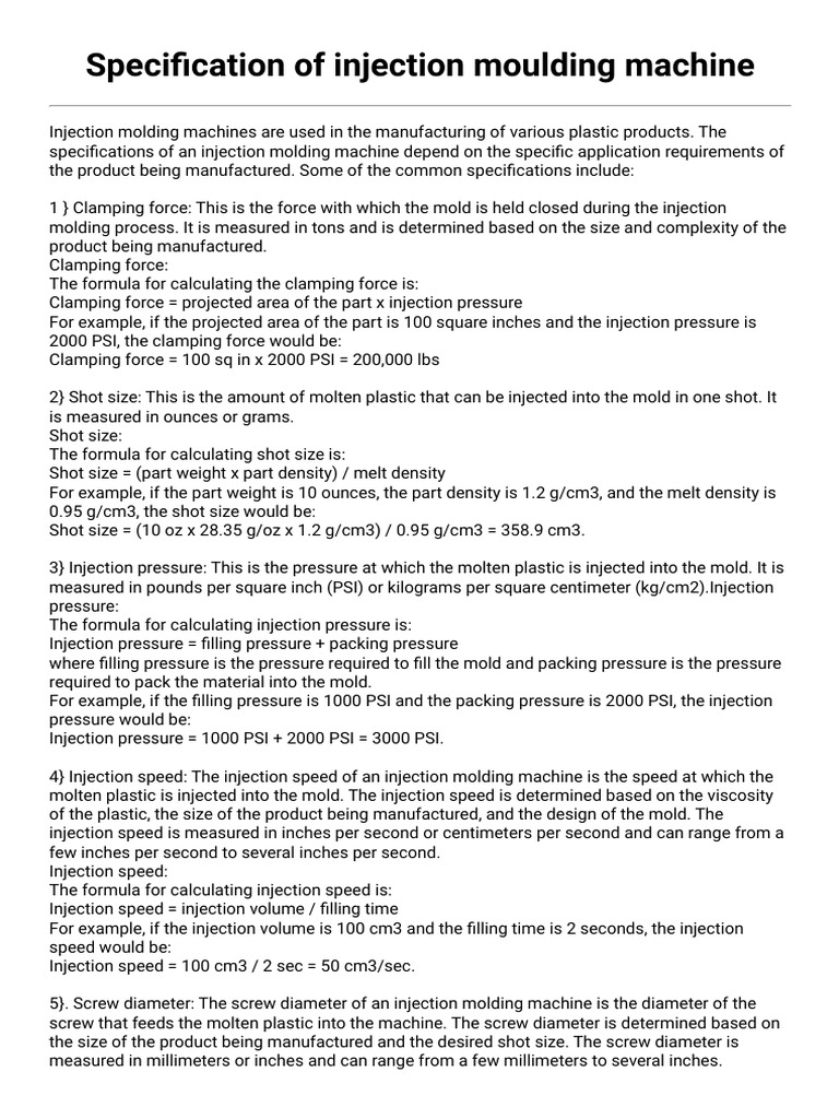 Specification of Injection Moulding Machine | PDF | Density | Pressure