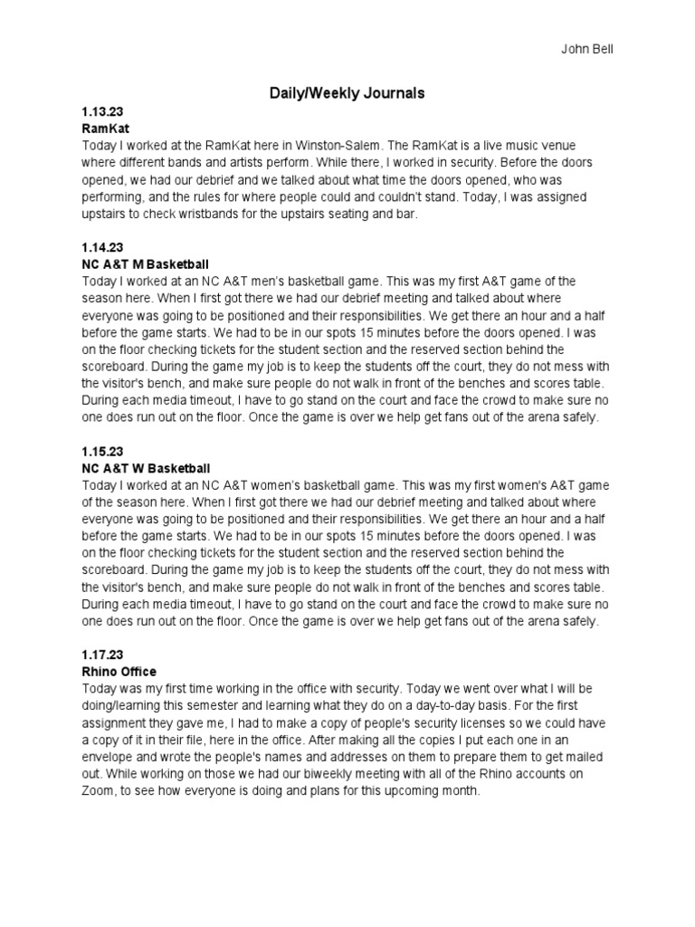 Daily Journals - Spring 2023 Internship 1 | PDF