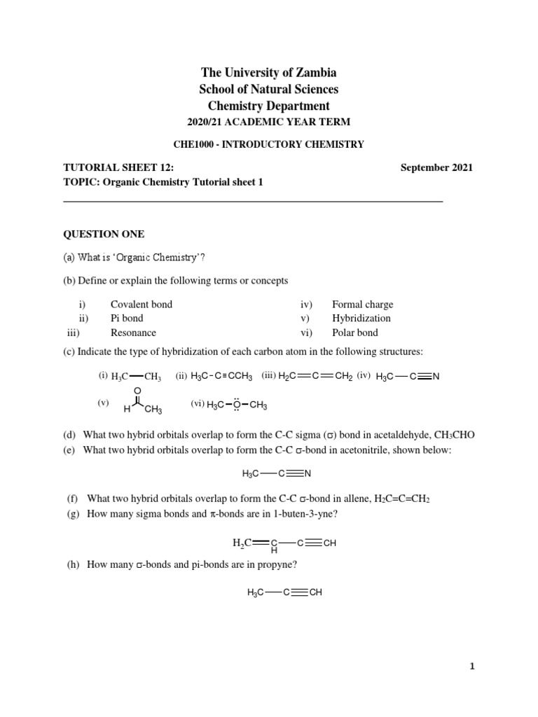 CHE 1000 Tutorial Sheet 12 - Organic Chemistry | PDF | Chemical Bond ...