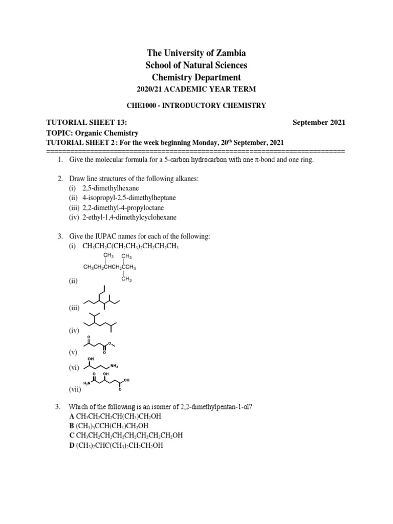 CHE 1000 Tutorial Sheet 13 - Organic Chemistry | PDF | Methyl Group ...