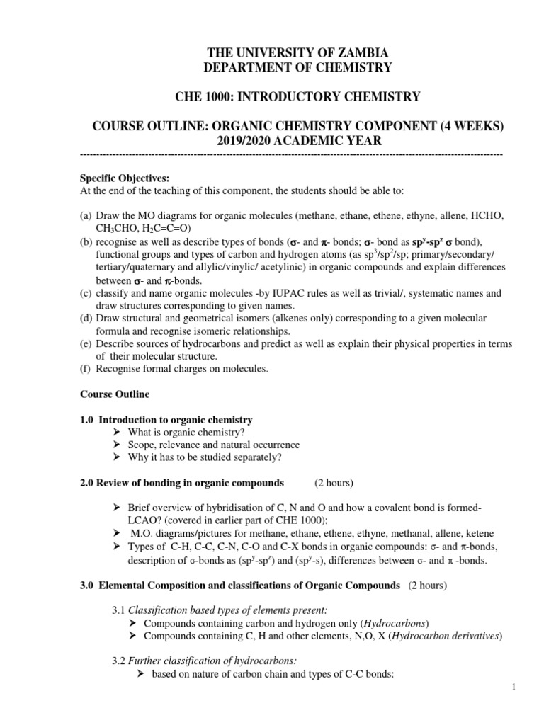 CHE 1000 Course Outline - Organic Chemistry Component - 2019 - 2020 ...