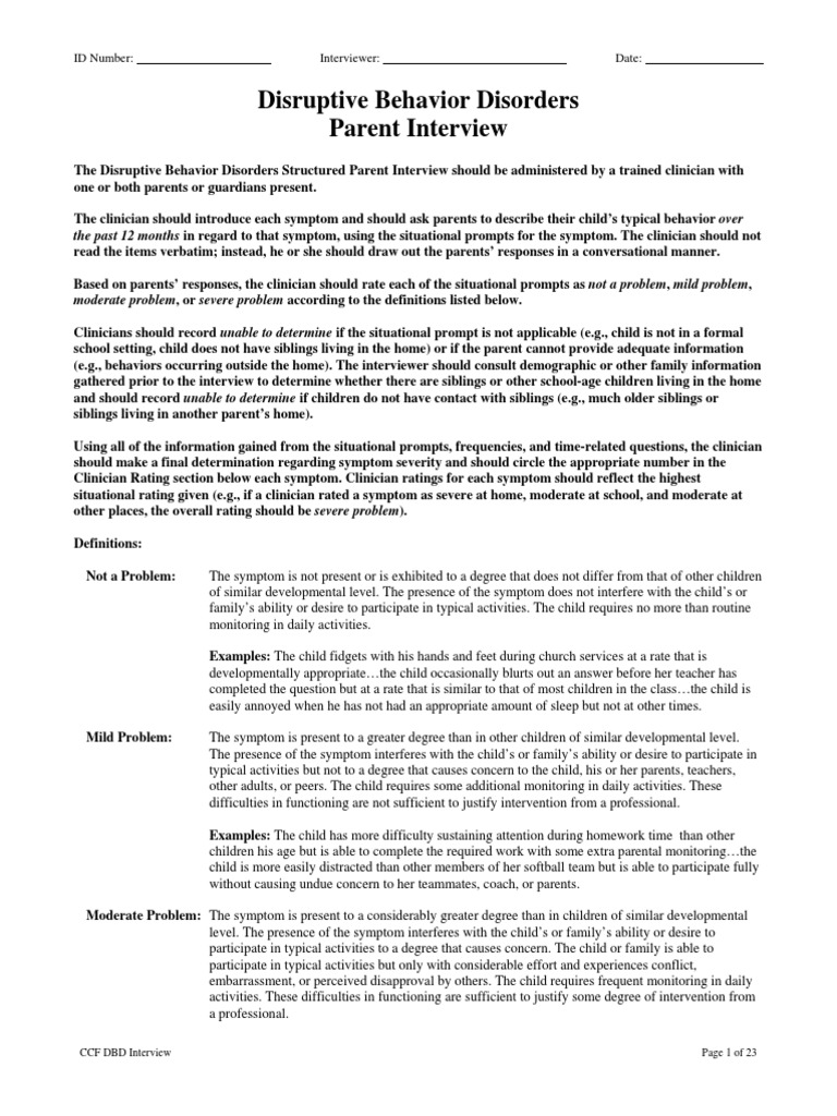 Disruptive Behavior Disorders Parent Interview | PDF | Attention ...