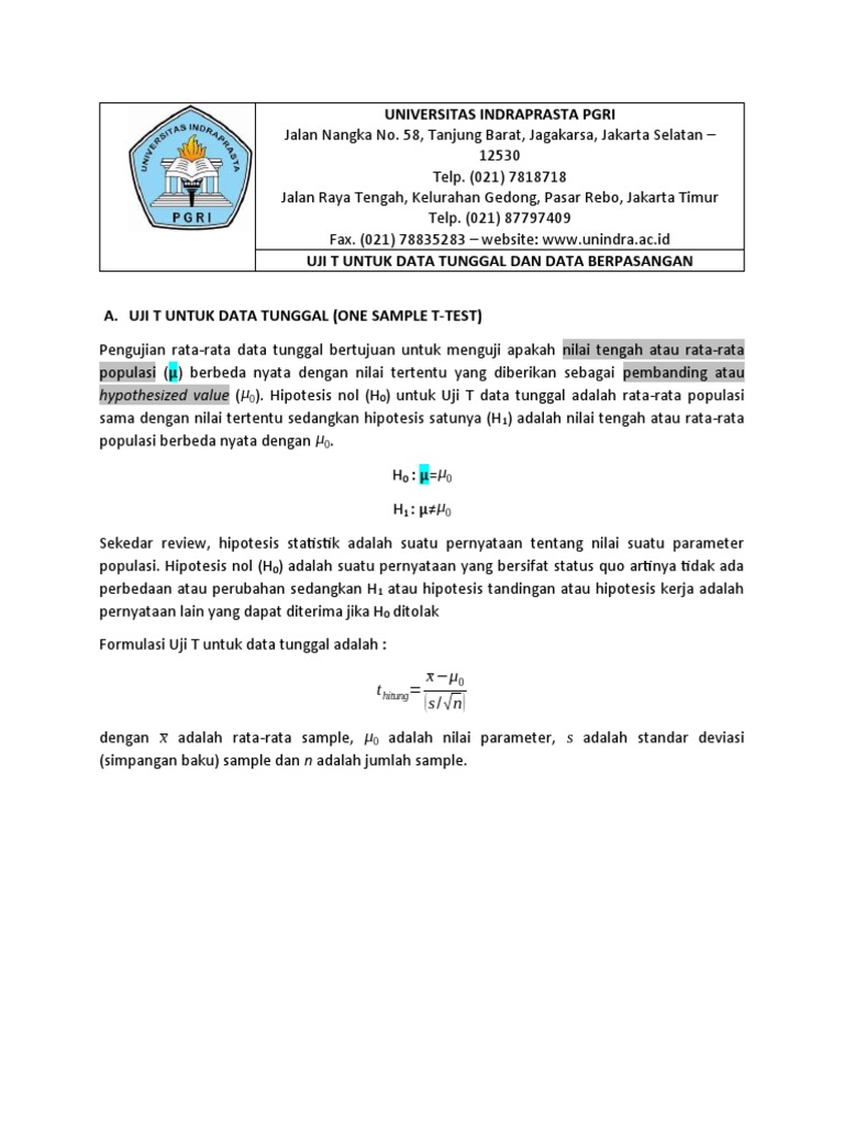 Unindra Statistika Uji T Untuk Data Tunggal Dan Data Berpasangan | PDF