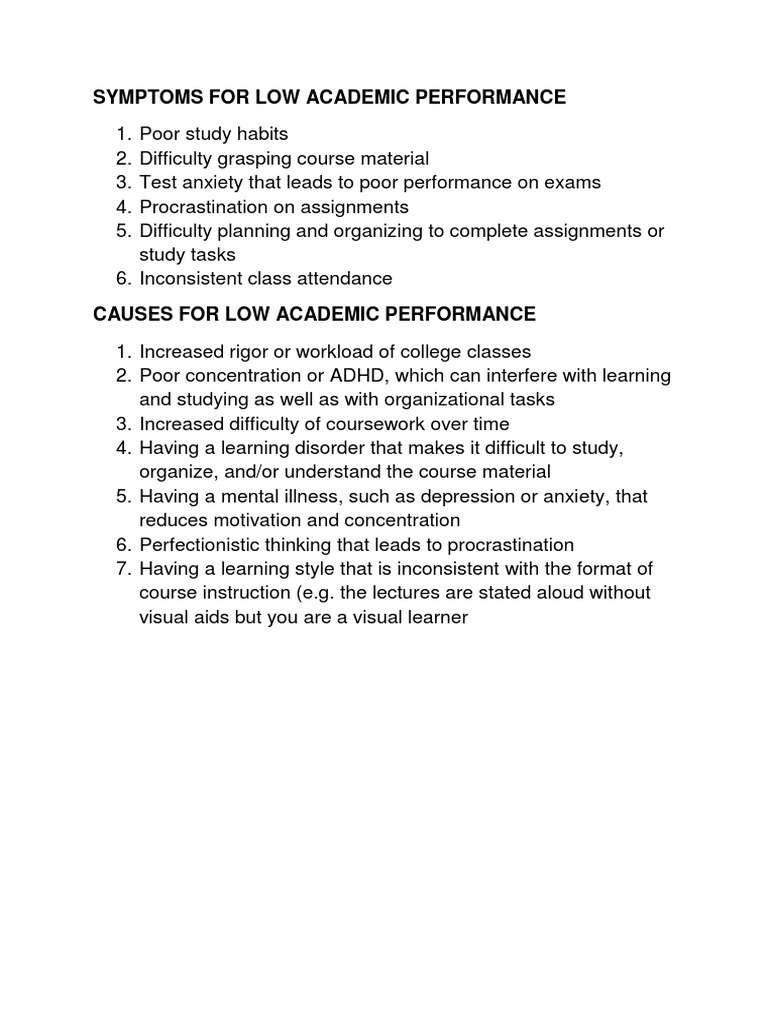 Symptoms For Low Academic Performance | PDF