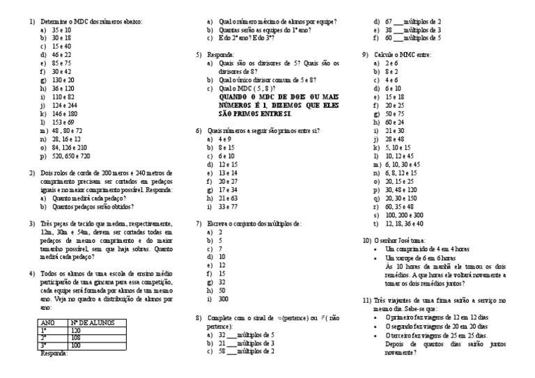EXERCÍCIOS MMC e MDC | PDF