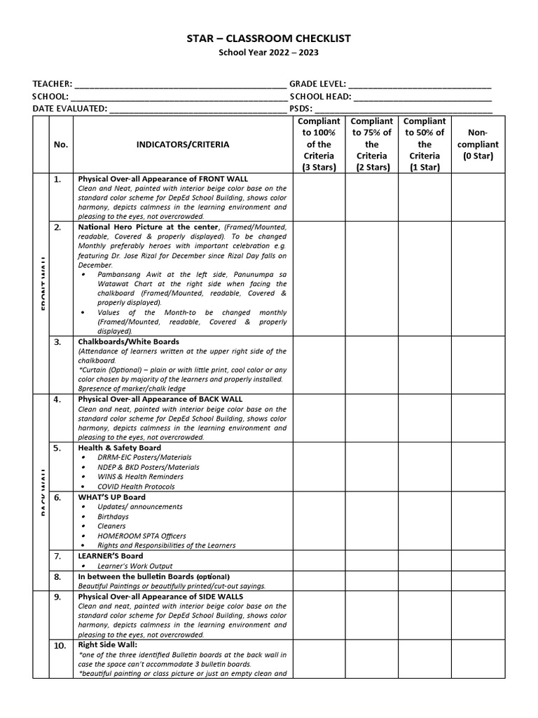 STAR Classroom Evaluation Checklist | PDF | Classroom