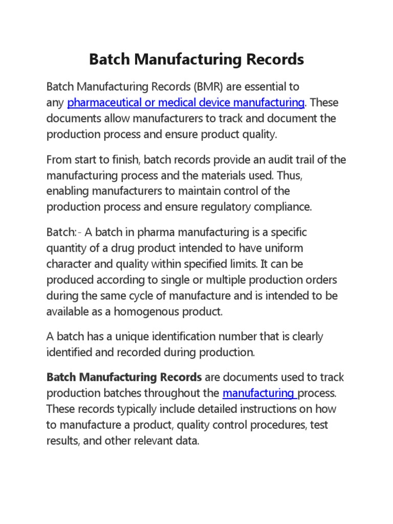 Batch Manufacturing Records | PDF | Packaging And Labeling ...