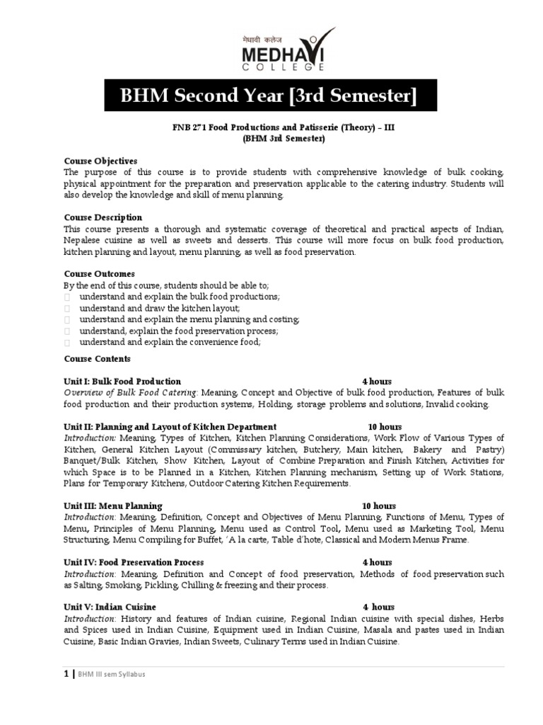 BHM Second Year (3rd Semester) : BHM III Sem Syllabus | PDF | Wine ...