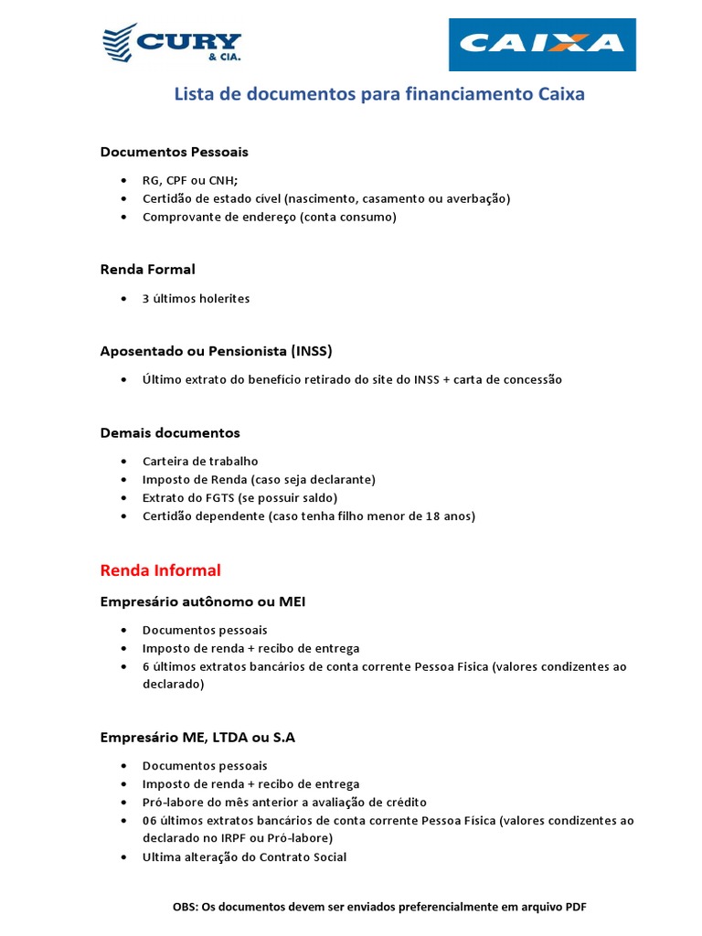 Lista de Documentos - Financiamento Caixa | PDF