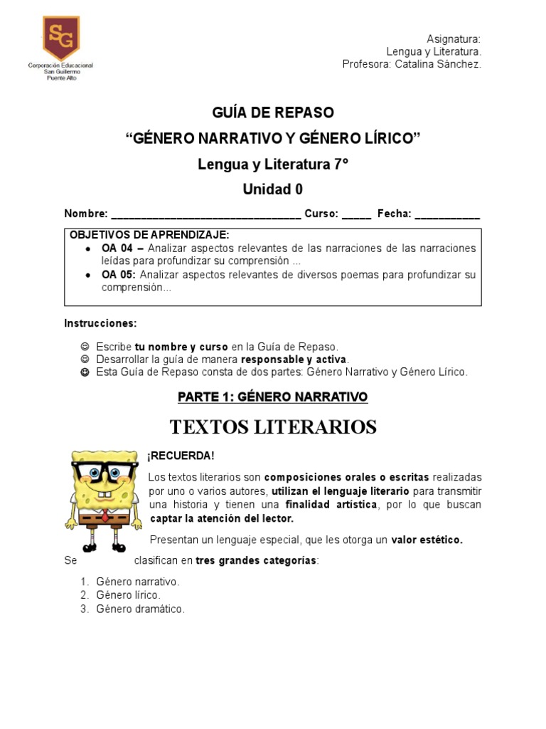 Guía de Trabajo Género Narrativo y Género Lírico | PDF | Narración