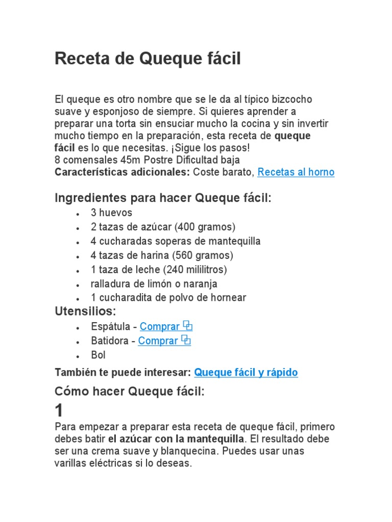 Receta de Queque Fácil | PDF | Alimentos | Cocina