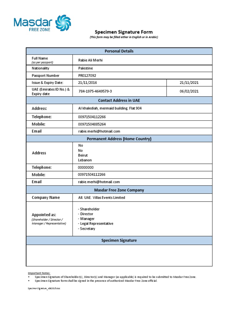Specimen Signature Form for Masdar Free Zone | PDF