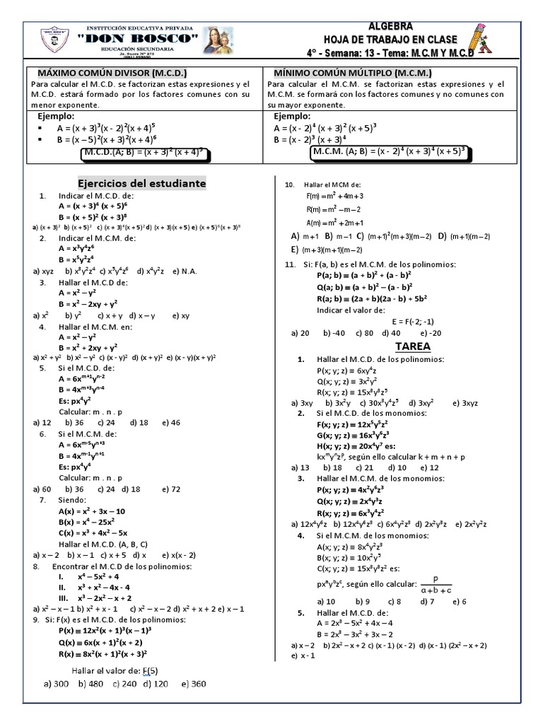 Calcular el M.C.D. y el M.C.M. de polinomios y monomios | PDF | Matemáticas discretas ...