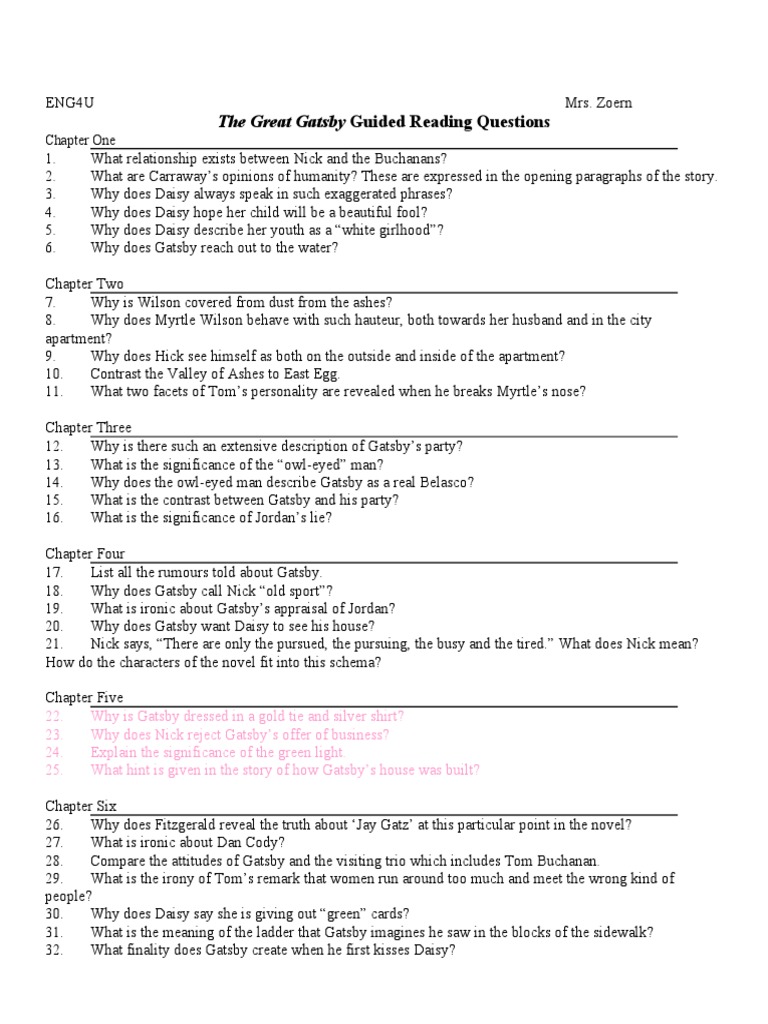 The Great Gatsby Guided Reading Questions: Chapter One | PDF | The ...