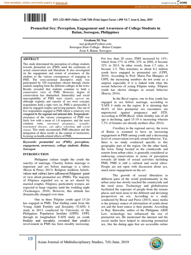 Premarital Sex Perception Engagement And Pdf Virginity Survey Methodology