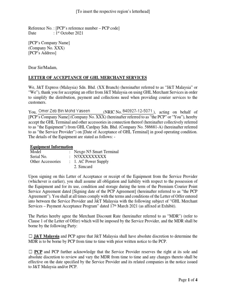 Letter of Acceptance of GHL Merchant Services | PDF | Indemnity | Business