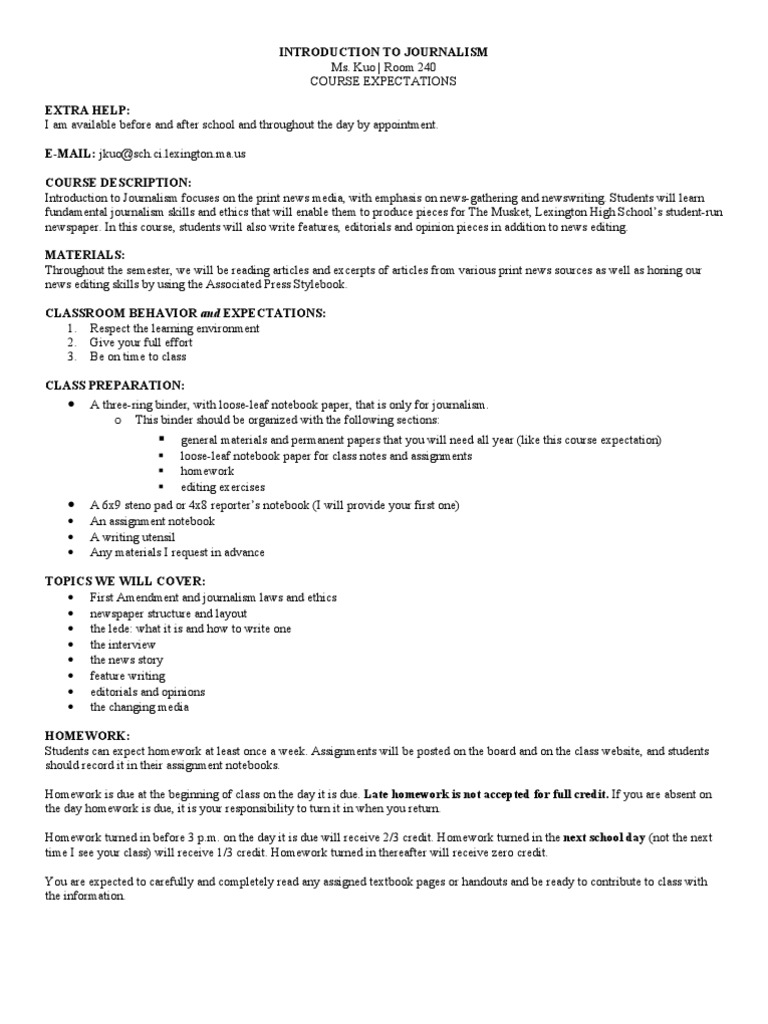 Introduction to Journalism Course Guide | PDF | Homework | Quiz