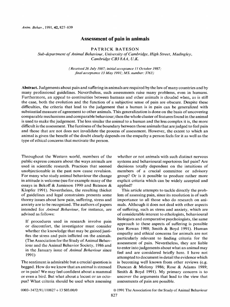 Assessing Pain in Animals: Bateson's Cube | PDF | Pain | Consciousness