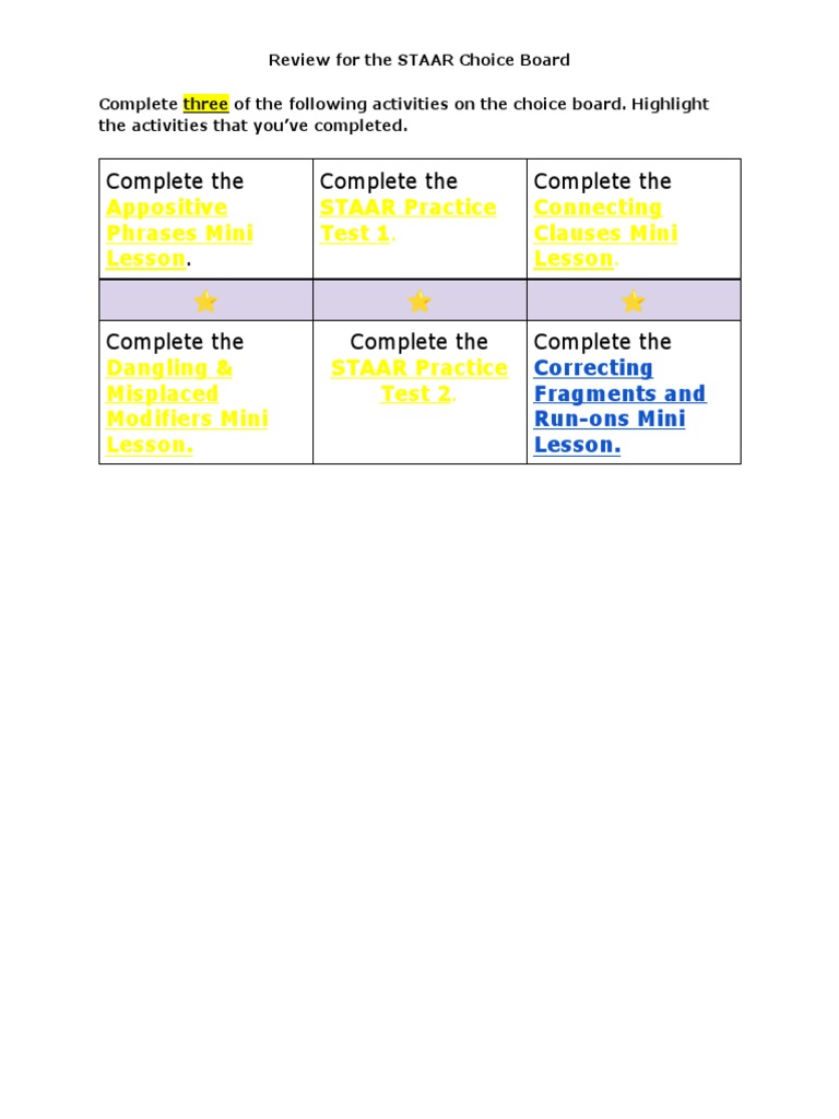 Evelyn Martinez - Copy of Review For The STAAR Choice Board | PDF ...
