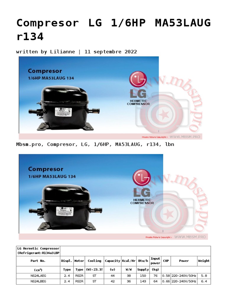 LG Hermetic Compressor Specifications and Performance Data for R134a Refrigerant | PDF