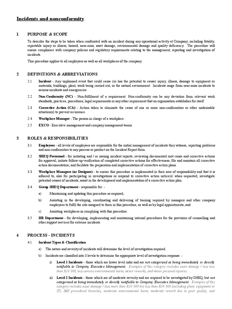 Incidents, Non-Conformity & Corrective Action | PDF | Risk | Safety
