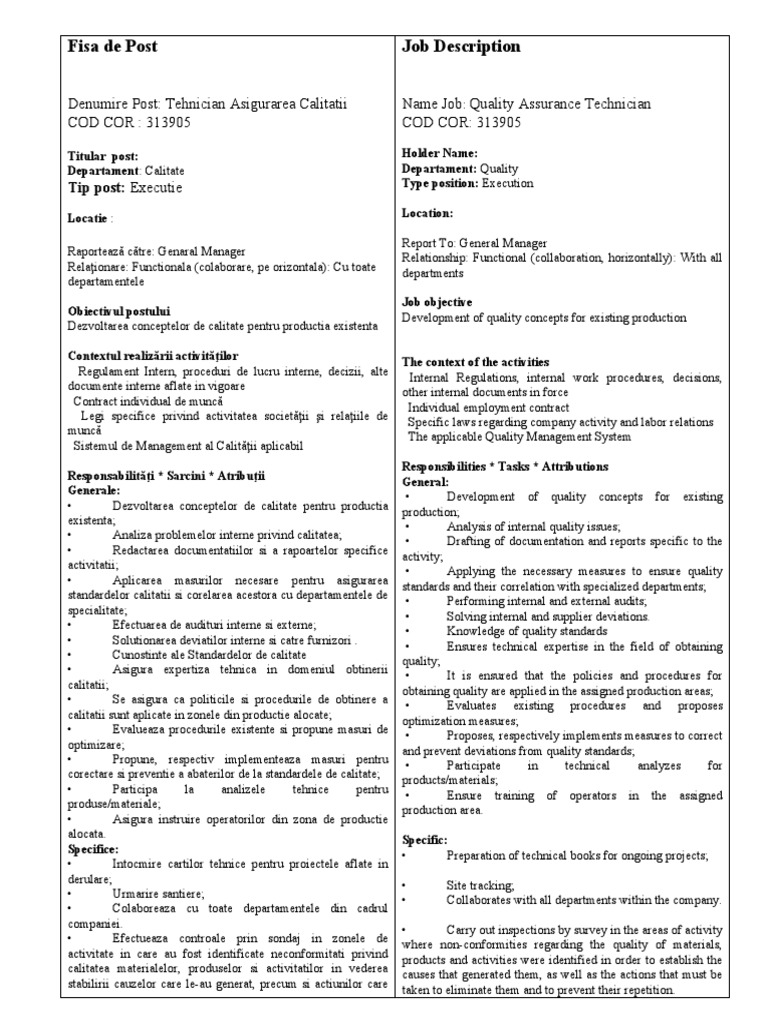Fisa Postului Tehnician Calitate | PDF | Occupational Safety And Health ...