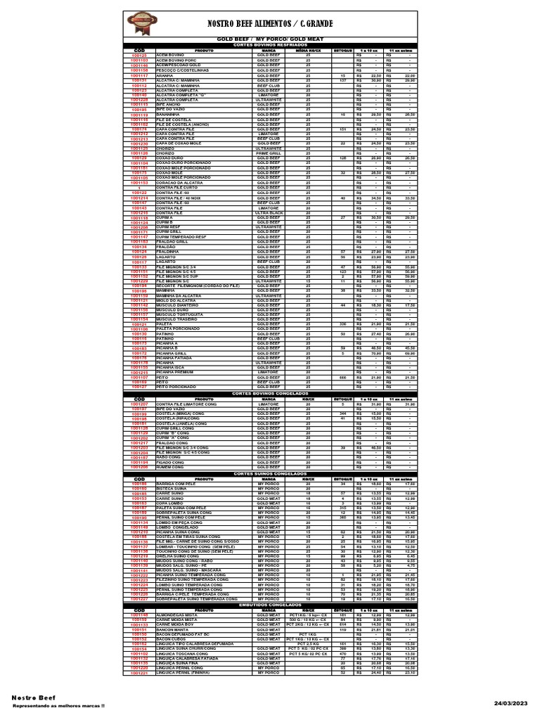 TABELA Bovino Suino CGR | PDF | Meat | Foods
