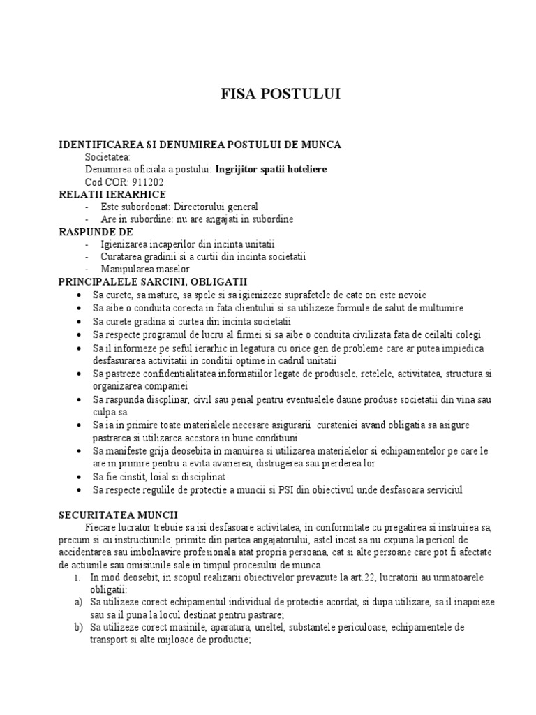 Fisa Postului Ingrijitor Spatii Hoteliere | PDF