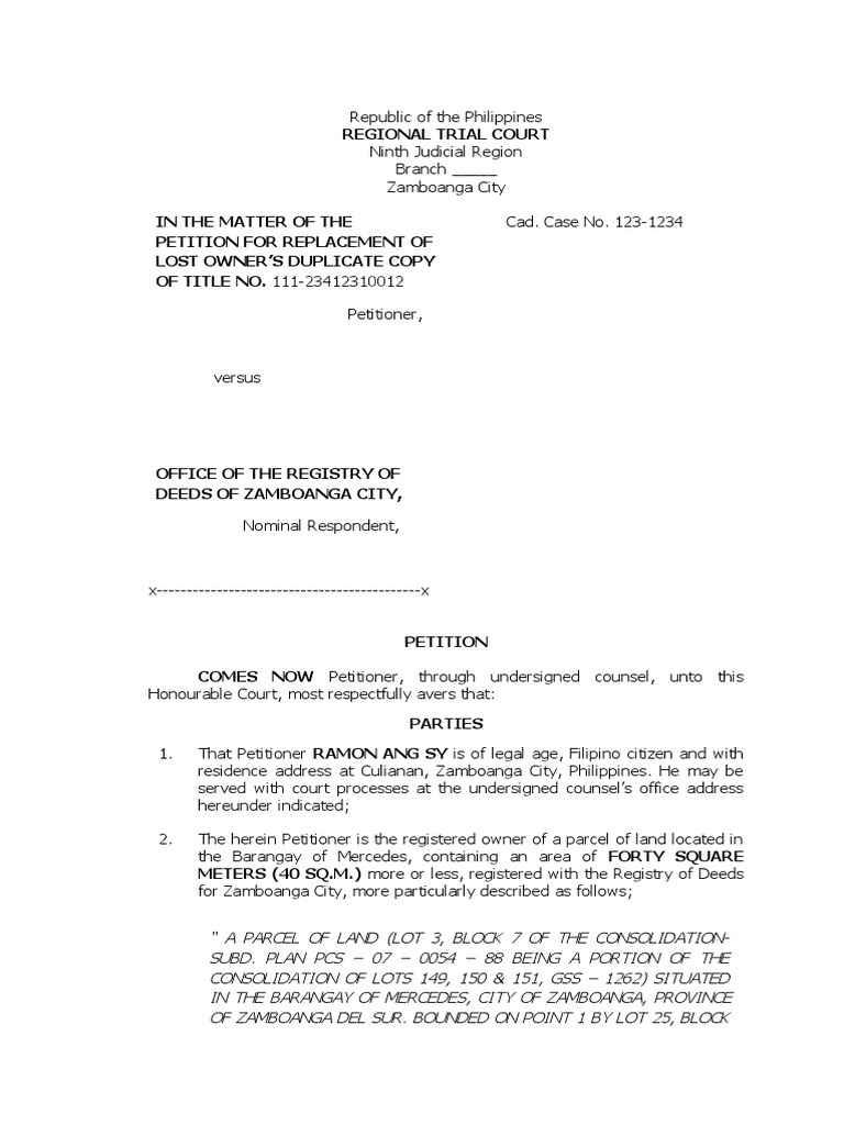 Sample Petition For Re Issuance of Lost Title | Download Free PDF ...