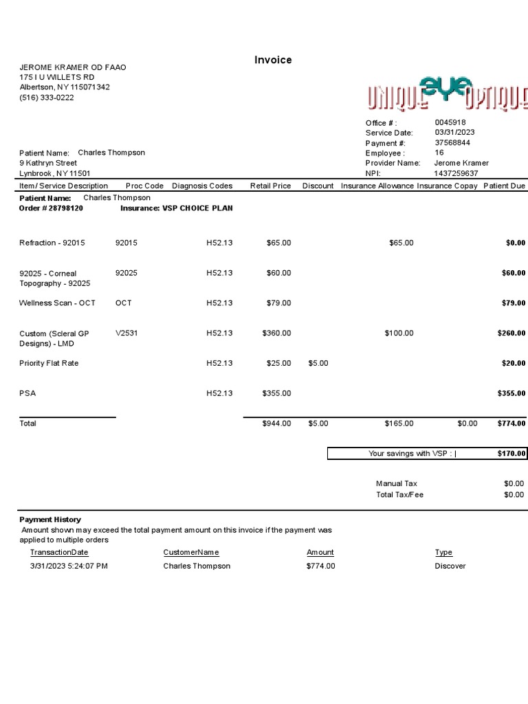 Invoice: Patient Name: Order # 28798120 Insurance: VSP CHOICE PLAN | Download Free PDF | Market ...