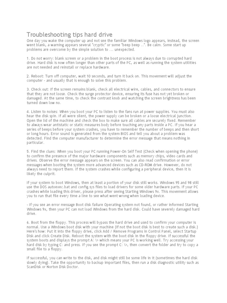 Troubleshooting Tips Hard Drive | PDF | Booting | Floppy Disk