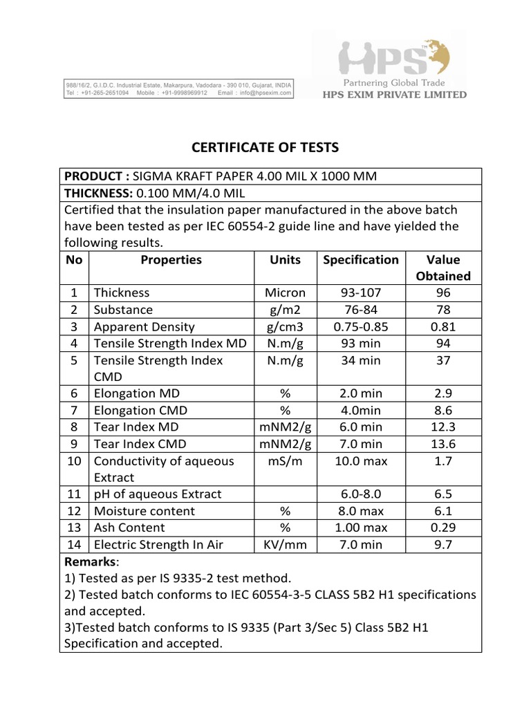 Sigma Kraft Paper Test Certificate | PDF