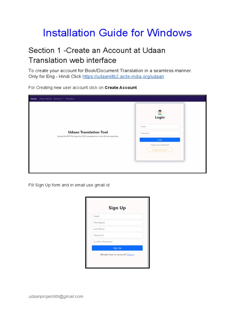 Installation Guide For Windows: Section 1 - Create An Account at Udaan Translation Web Interface ...