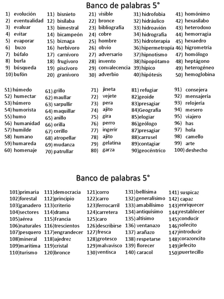 Banco de Palabras para Quinto Grado | PDF