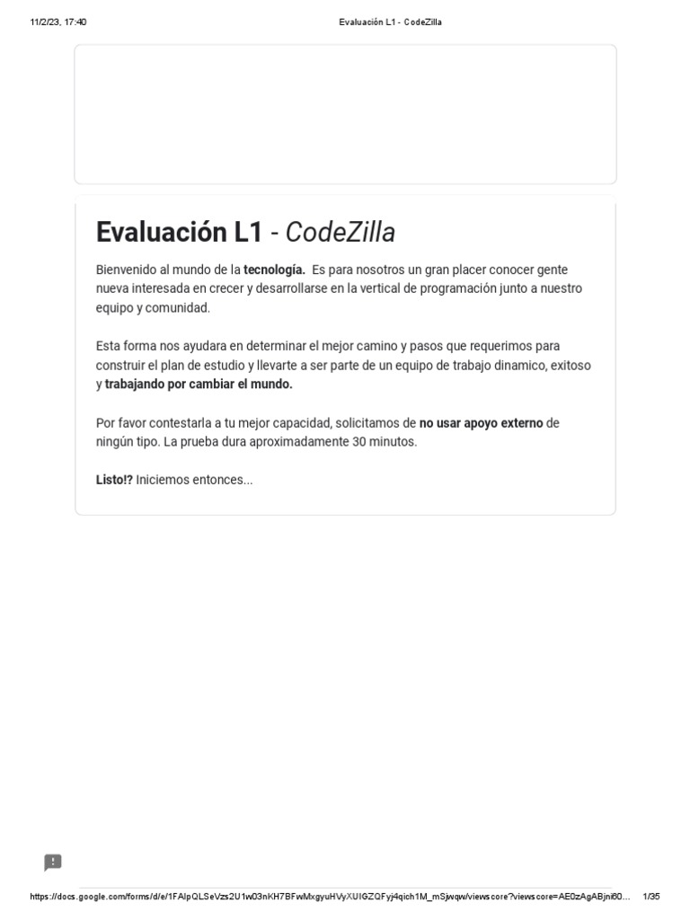Evaluación L1 - Codezilla: Listo!? Iniciemos Entonces.. | PDF ...