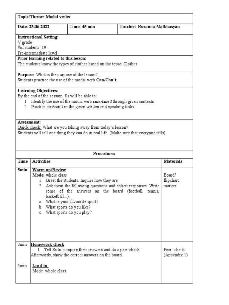 Lesson Plan 1 Can, Cant | PDF | Question | Learning