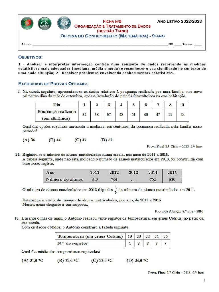 Organização e tratamento de dados - Ficha 9o ano | PDF