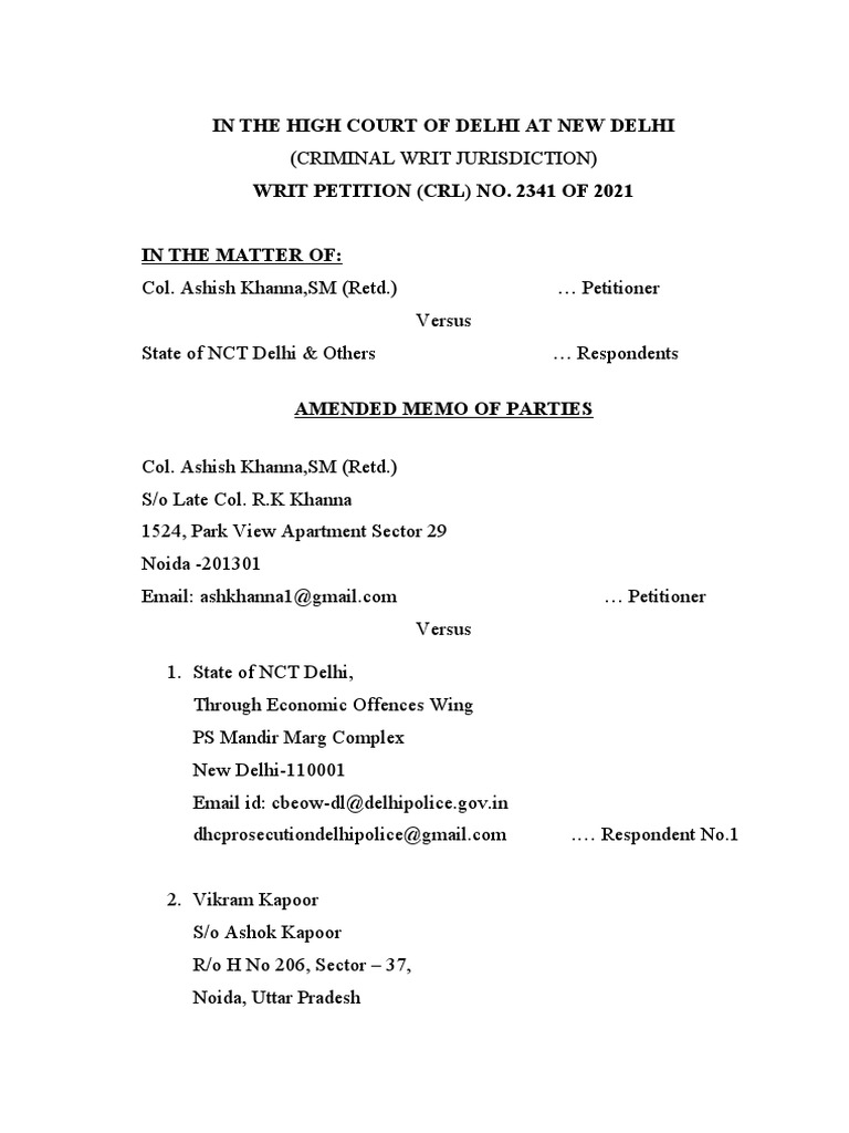 In The High Court of Delhi at New Delhi Writ Petition (CRL) No. 2341 of 2021 in The Matter of | PDF