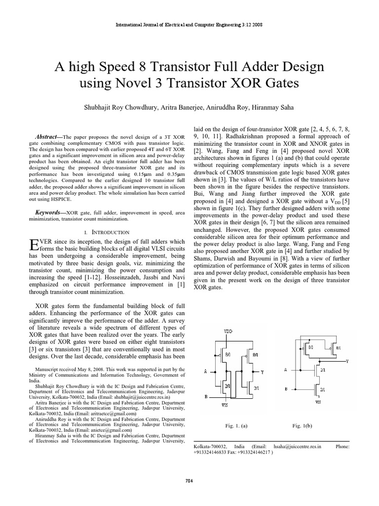 A High Speed 8 Transistor Full Adder Design Using Novel 3 Transistor ...