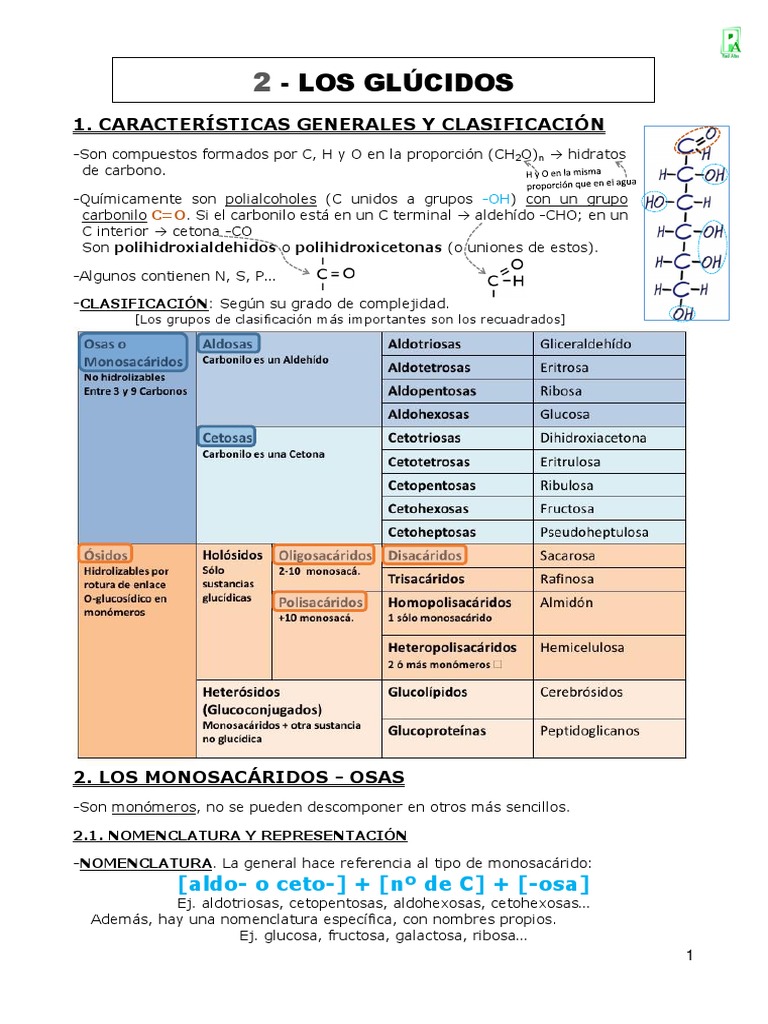 Características generales y clasificación de los glúcidos, con énfasis en los monosacáridos | PDF