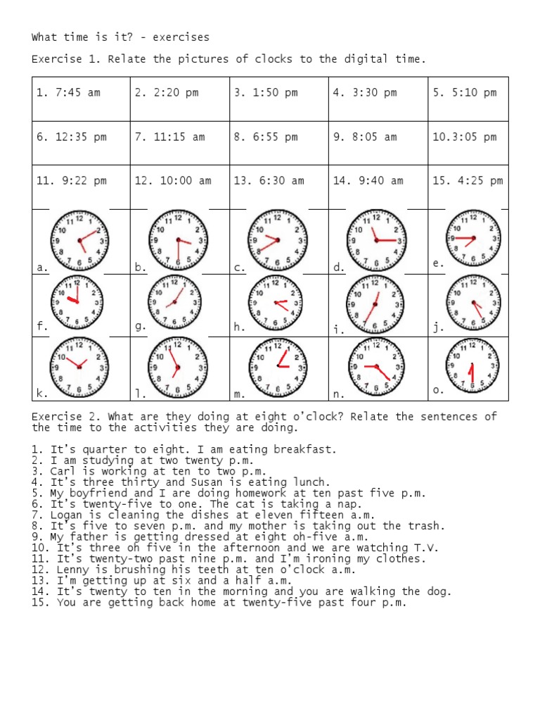 Time Exercises for Daily Activities | PDF