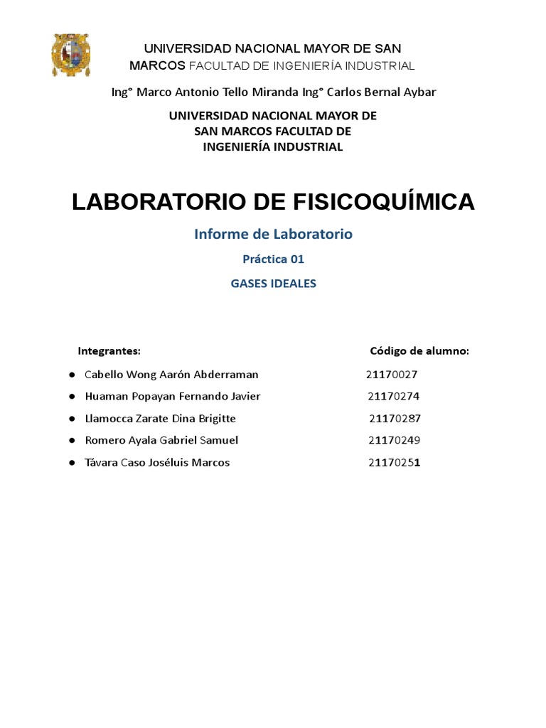 Informe De Laboratorio Fisicoquímica Pdf Gases Materiales