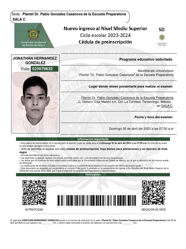 Cédula de preinscripción para examen de selección al Bachillerato Universitario en la Escuela ...