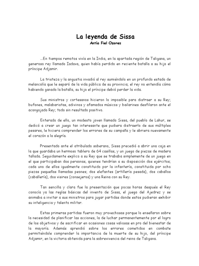 La Leyenda de Sissa y el Ajedrez | PDF | Ajedrez | Juegos tradicionales