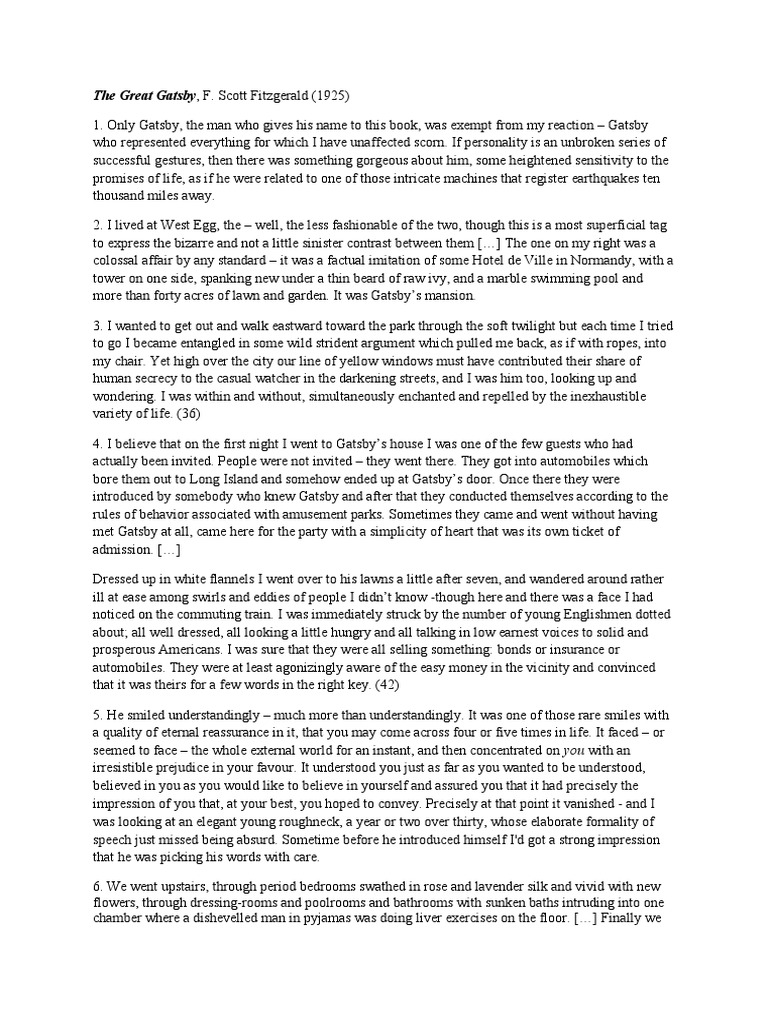 The Great Gatsby - Handout-Excerpts | PDF | The Great Gatsby